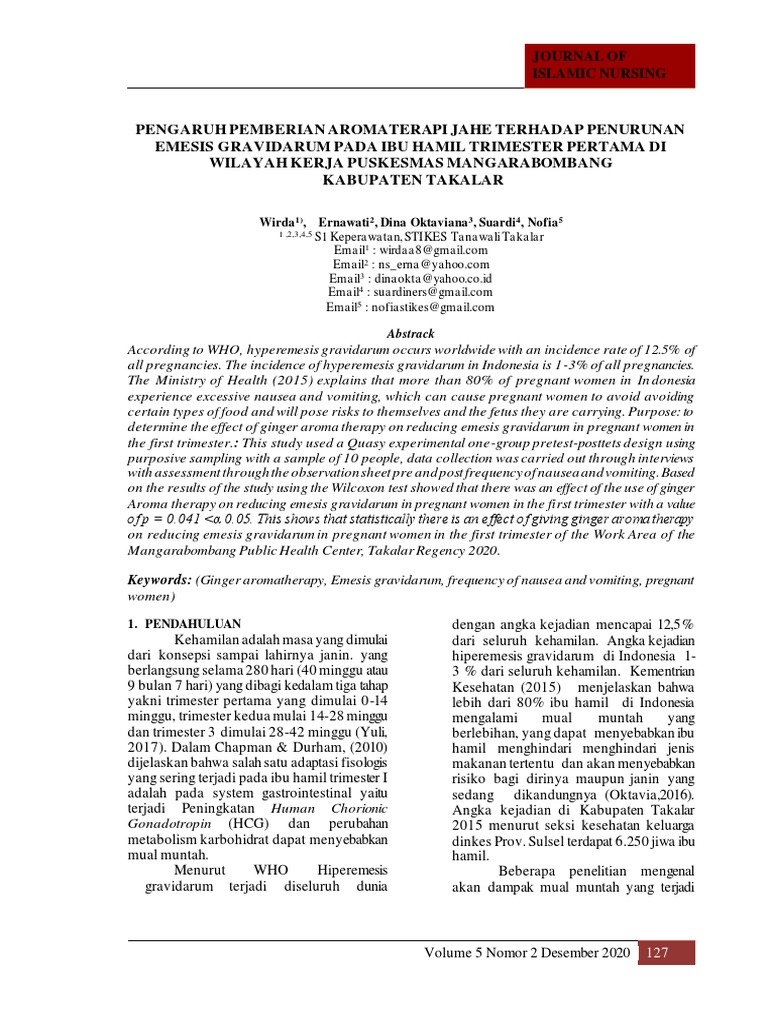 Pengaruh Pemberian Aromaterapi Jahe Terh 2 | PDF | Nausea | Symptoms And Signs