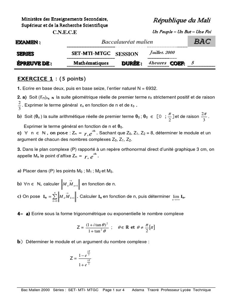 Corrigé Bac Malien 2000 - Mathématiques | PDF | Intégral | Nombre complexe