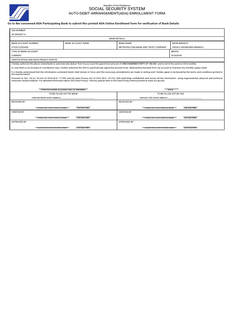 SSS Auto-Debit Arrangement Enrollment Form | PDF