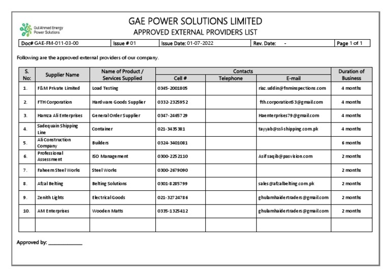 (03) Approved External Providers List (1) | PDF