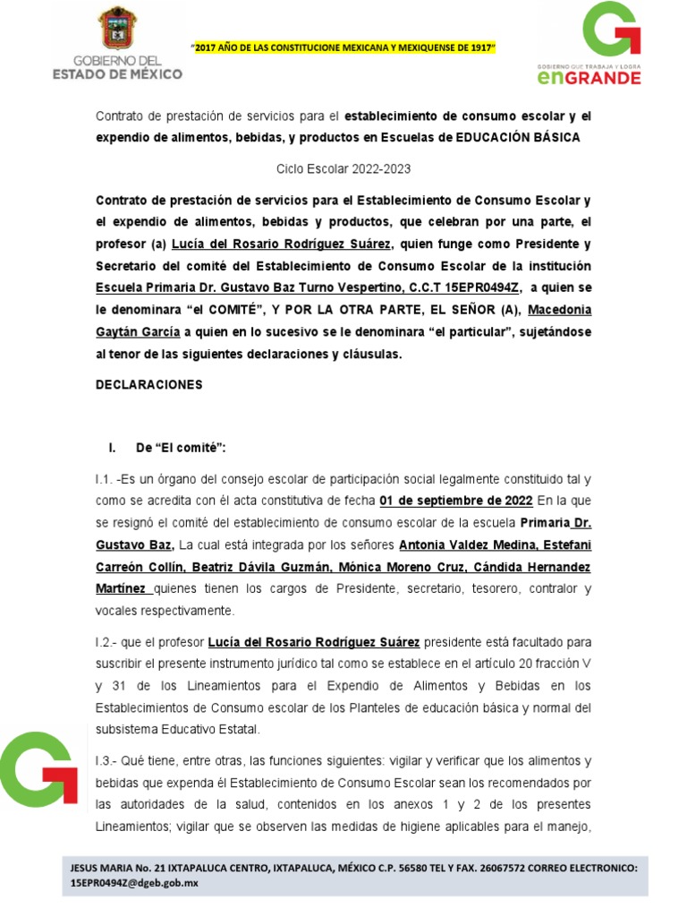 Contrato de Prestación de Servicios para El Establecimiento de Consumo ...