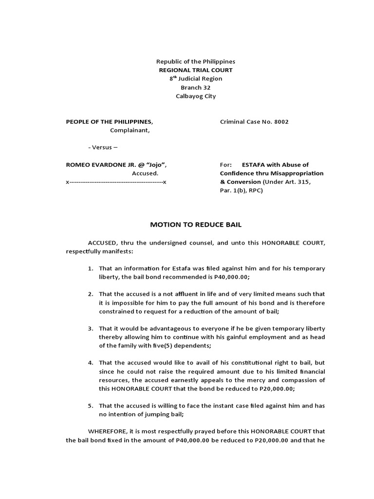 Motion to Reduce Bail in Estafa Case | PDF | Bail | Public Sphere