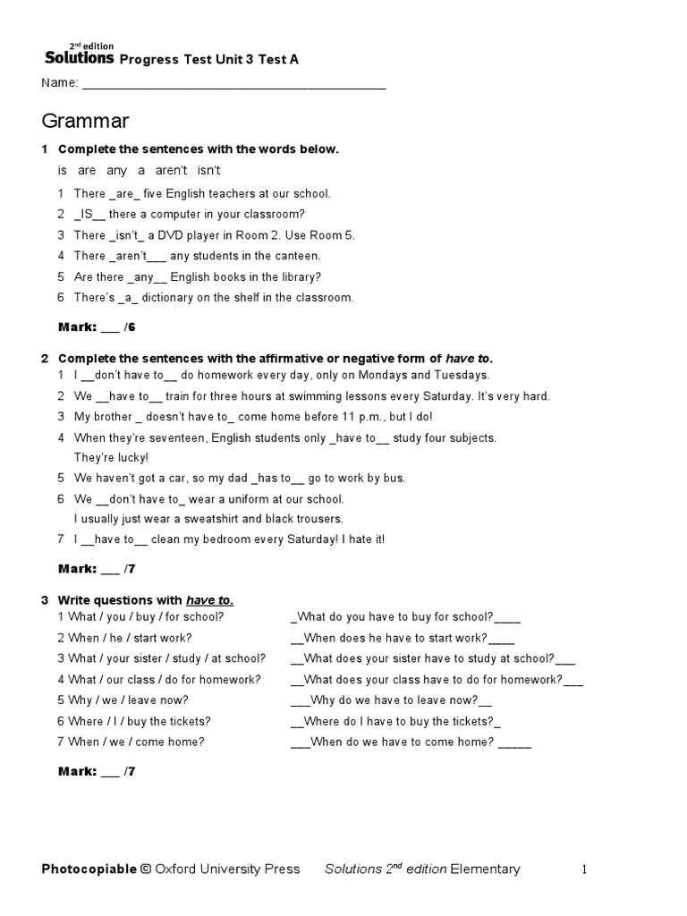 Sol2e ELEM Progress Test 3A | Download Free PDF | Schools | Classroom