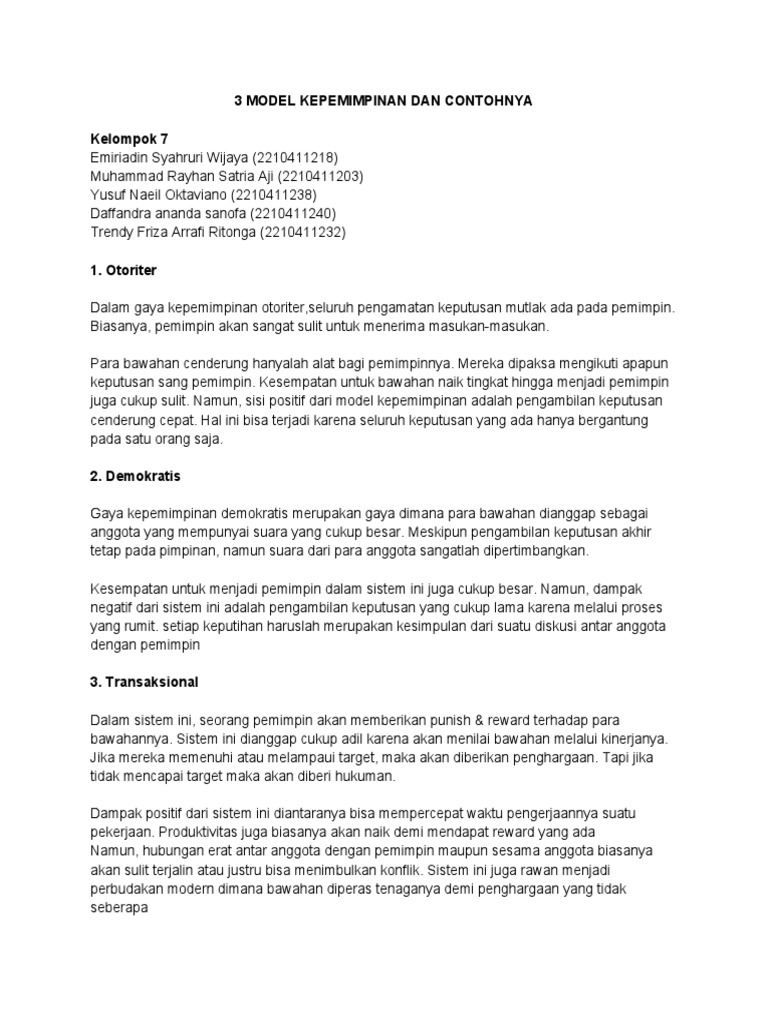 3 Model Kepemimpinan Dan Contohnya | PDF