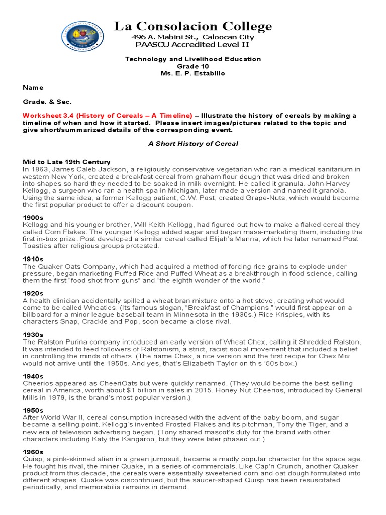 WS 3 3 (History of Cereals - Timeline) | PDF | Cereals | Food And Drink