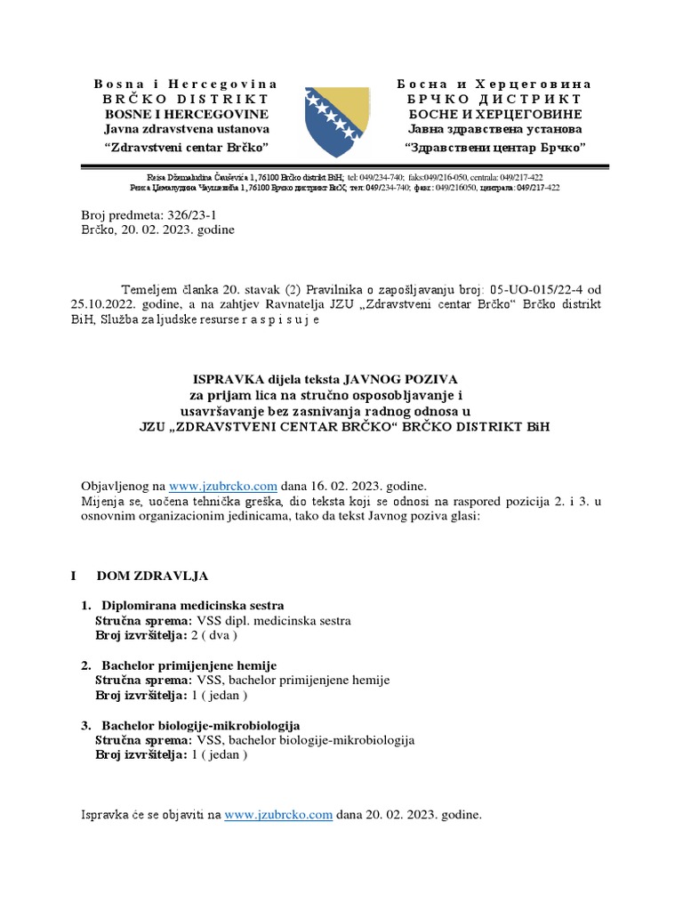 Ispravka-Javni Poziv Za Prijam Lica Na Stručno Osposobljavanje I ...