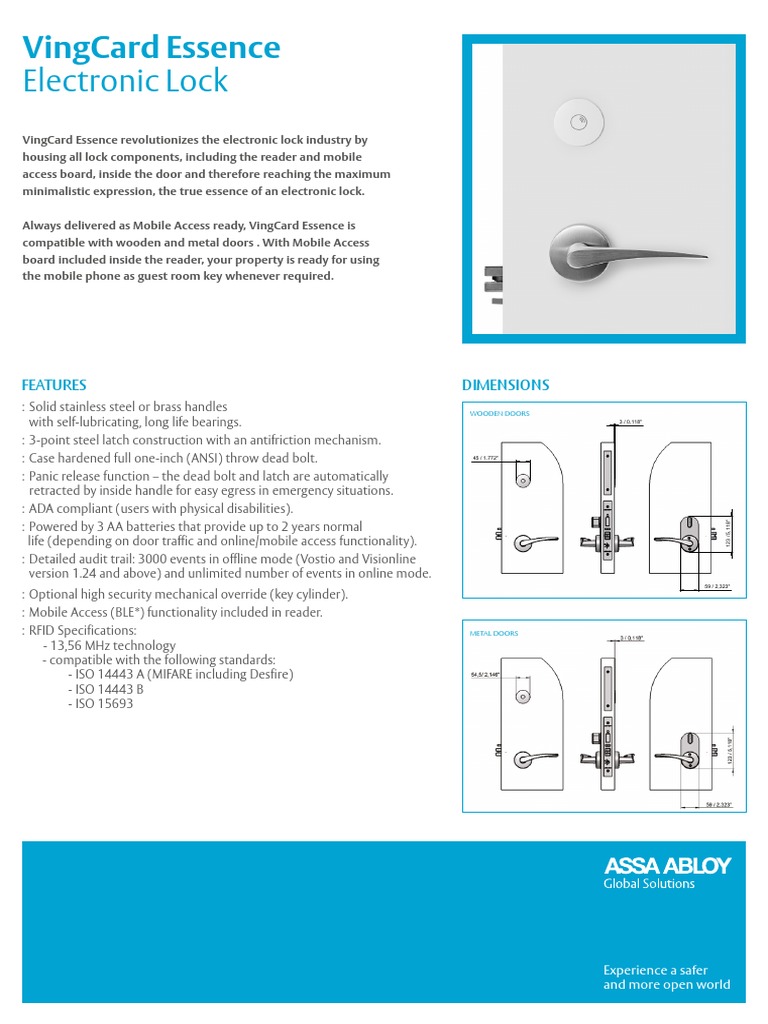 VingCard Essence Product Sheet English | PDF | Door | Computing