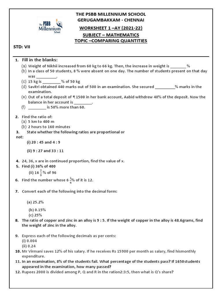 Class 7 Comparing Quantities WS 11637592047 | PDF