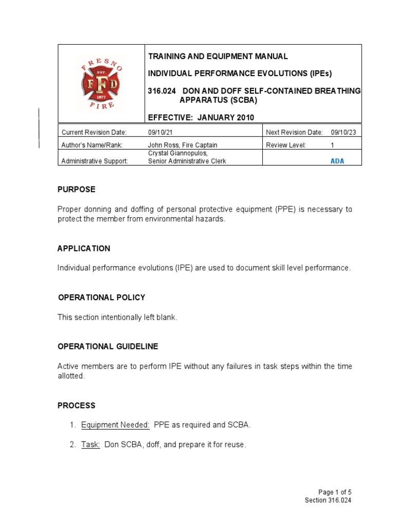 316.024 - Don and Doff A Self-Contained Breathing Apparatus (SCBA) | PDF | Equipment | Safety