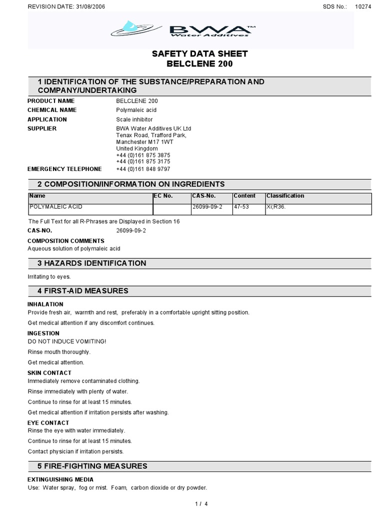 Safety Data Sheet Belclene 200: 1 Identification of The Substance ...