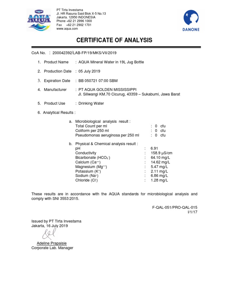 AQUA 19L Jug Water Certificate of Analysis | PDF