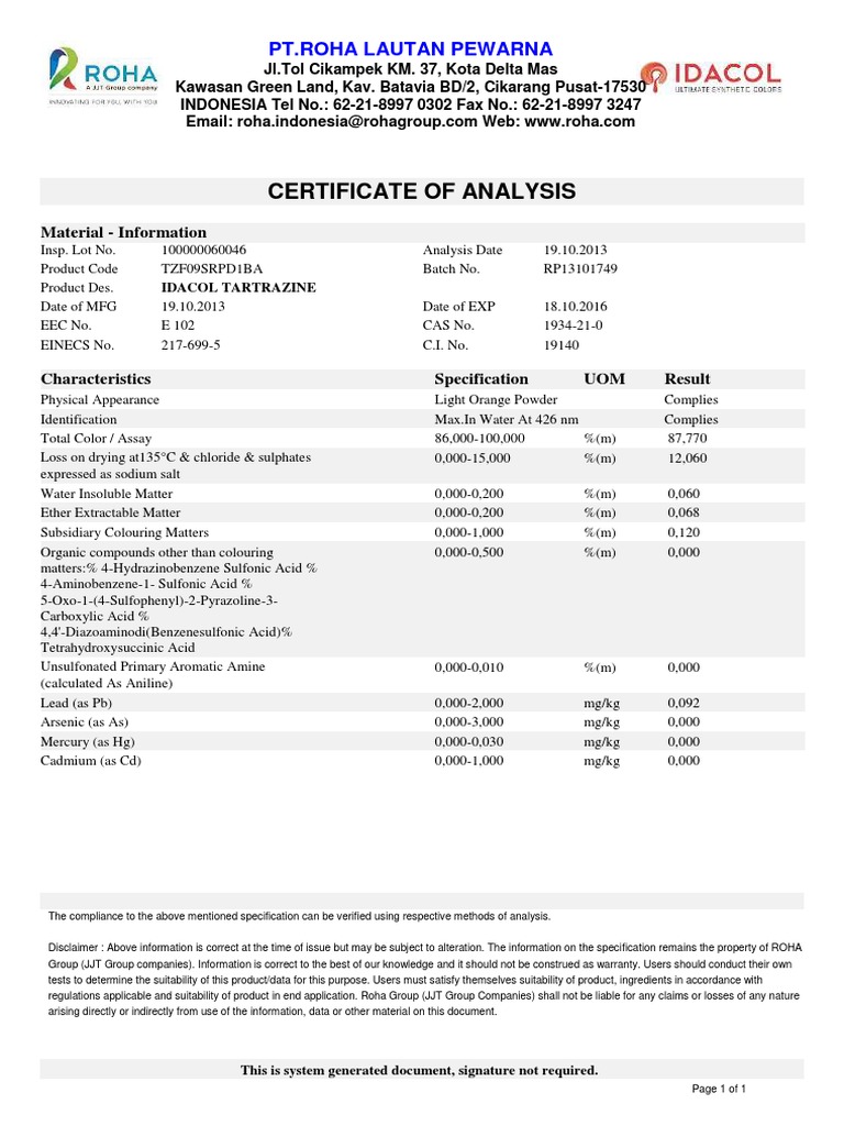 Certificate of Analysis for IDACOL Tartrazine | PDF | Mercury (Element ...
