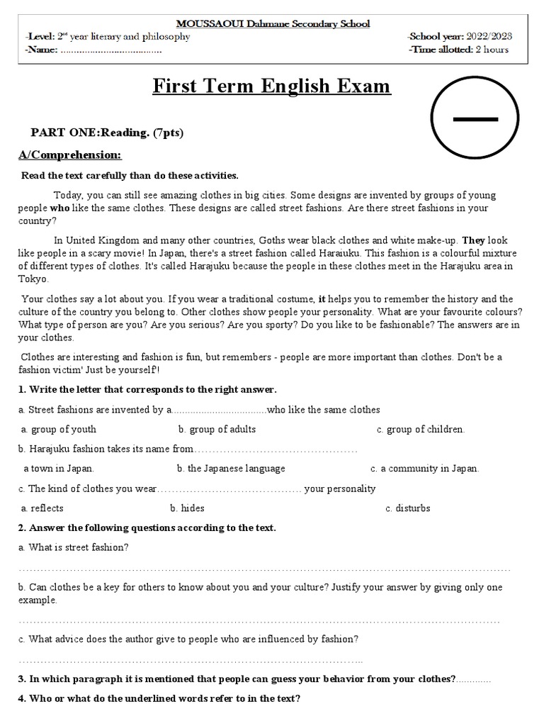 First Term English Exam | PDF | Adjective | Language Mechanics