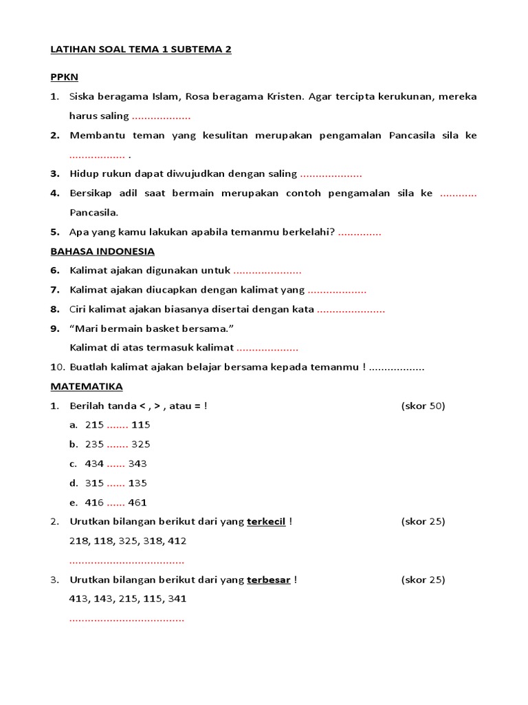 Tema 1 Penilaian Subtema 2 + (Kunci Jawaban) | PDF