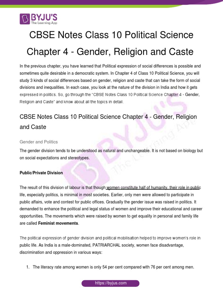 CBSE-Notes-Class-10-Political-Science-Chapter-4-Gender-Religion-and ...