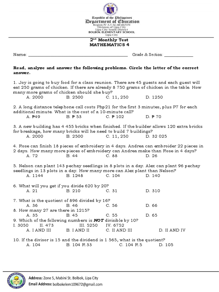 Grade 4 Math Test: Problem Solving | PDF | Division (Mathematics ...