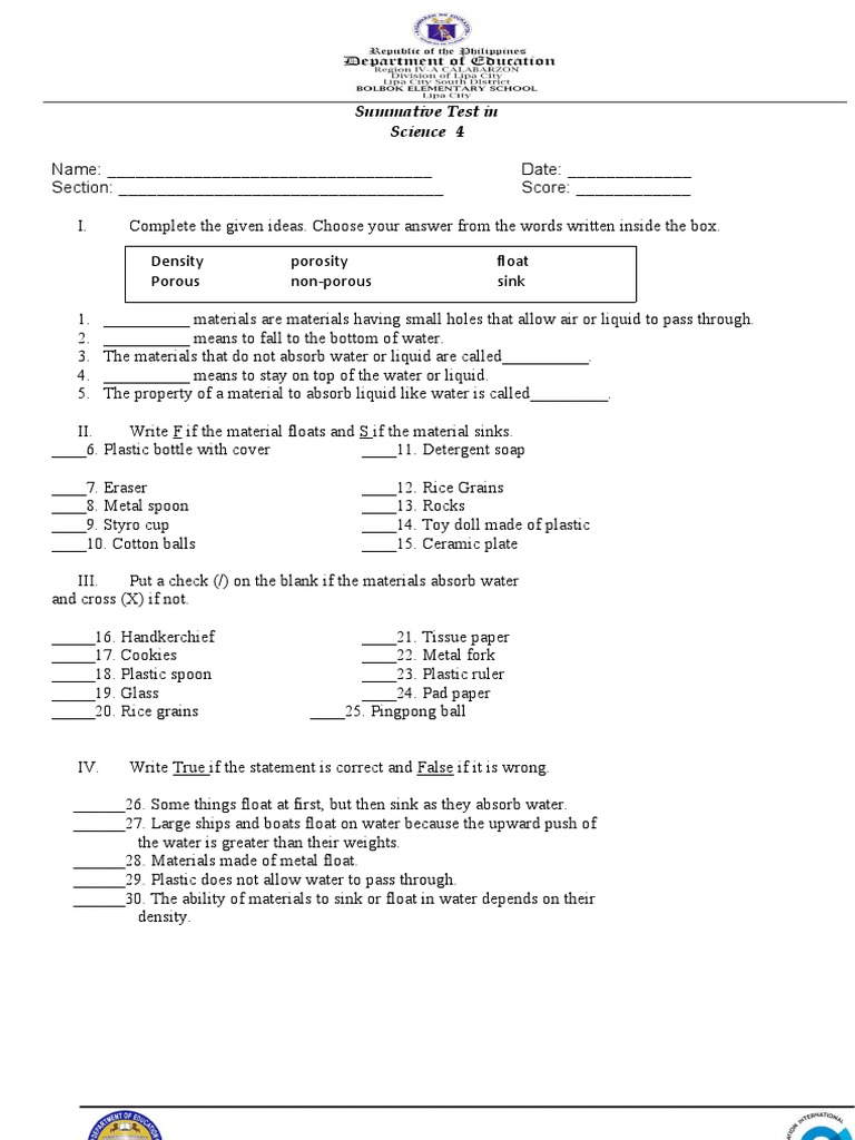 Grade 4 Science Summative Test Q1 | PDF