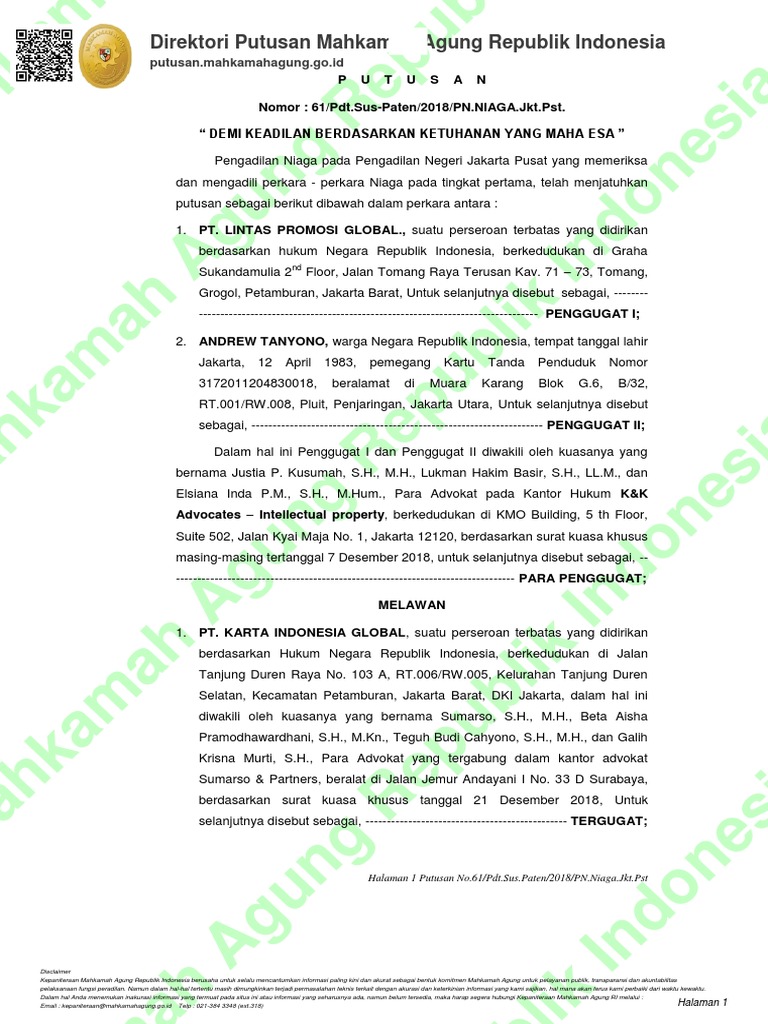 Putusan 61 PDT - Sus-Paten 2018 PN - Niaga.jkt - PST 20221029214427 | PDF