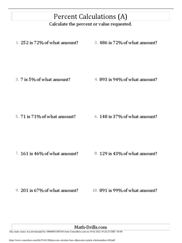 Percents Calculate Base Allpercents Regular Wholenumbers 001 PDF | PDF