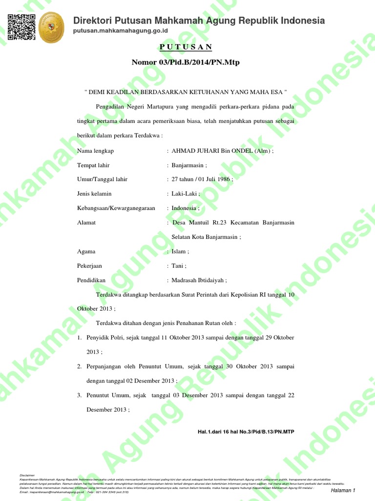 Putusan 03 Pid.b 2014 PN - MTP 20221220165800 | PDF