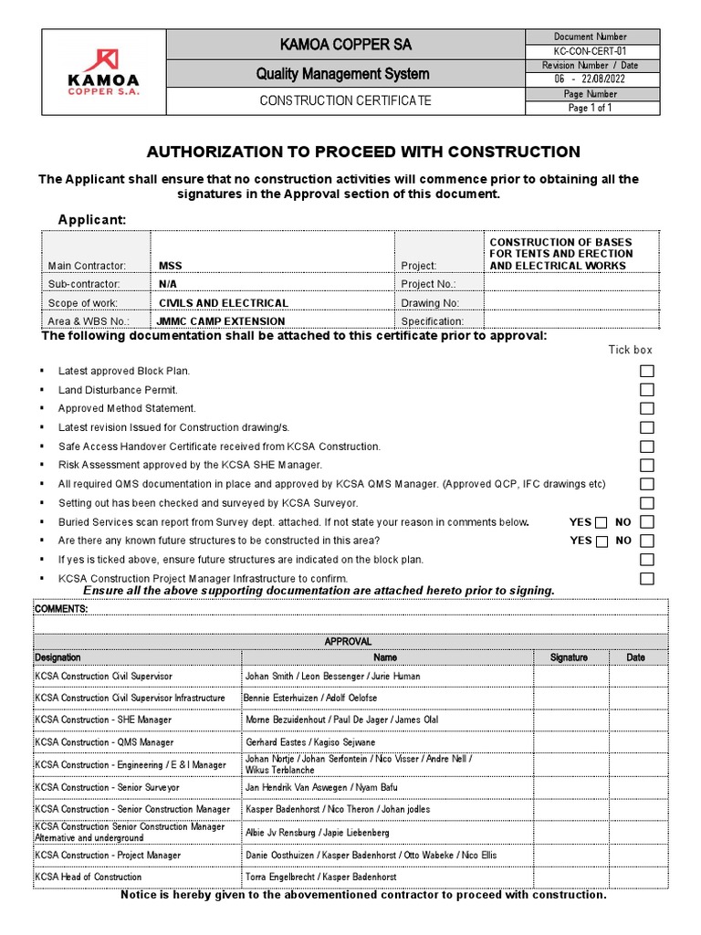 Kamoa Copper Construction Approval Certificate | PDF | Real Estate ...