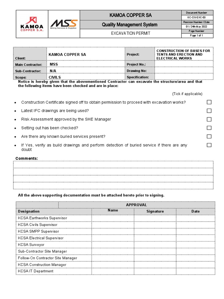 KCSA Excavation Permit - Rev 1 | PDF