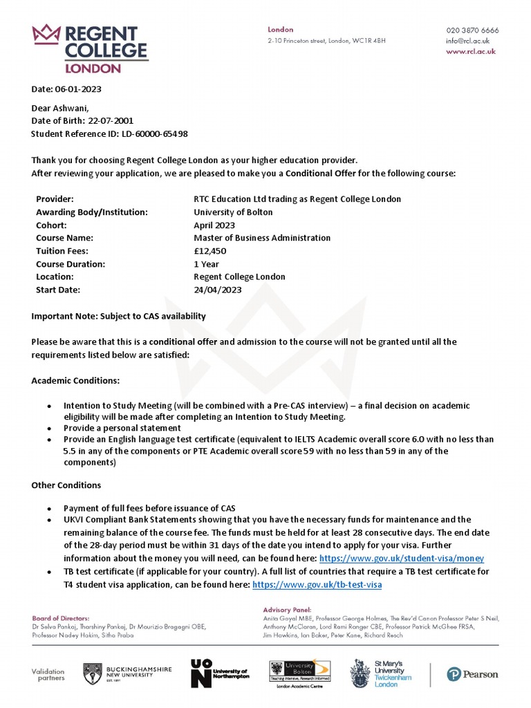 Ashwani MBA Business Management (UOB) - Conditional Offer Letter April 2023 | Download Free PDF ...