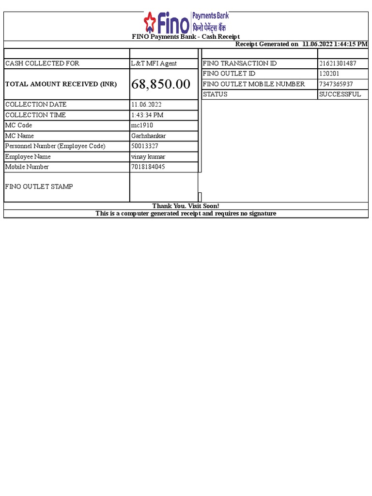 FINO Payments Bank - Cash Receipt Receipt Generated On 11.06.2022 1:44: ...