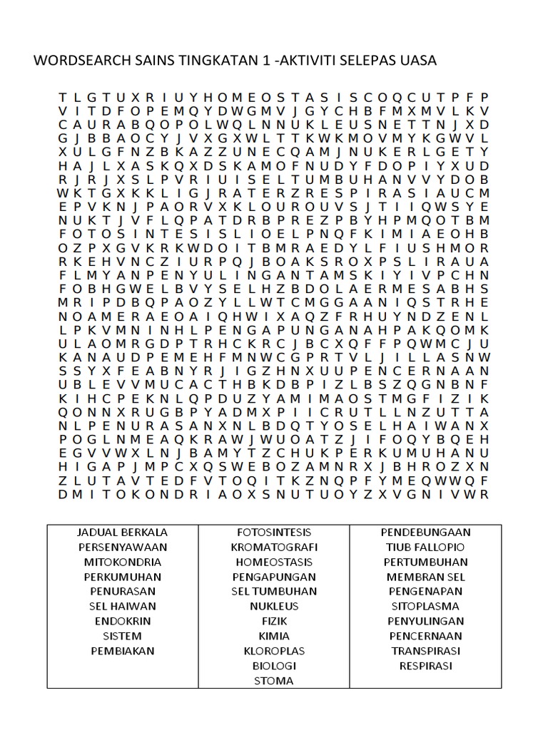Wordsearch Sains Tingkatan 1 | PDF