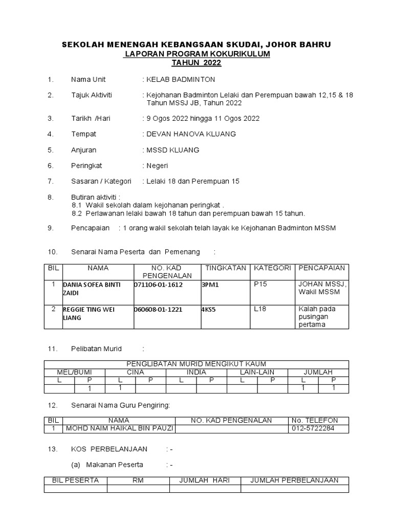 Laporan Badminton MSSJ 2022 | PDF