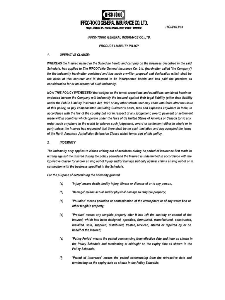 Product Liability - Policy Wording | PDF | Indemnity | Insurance