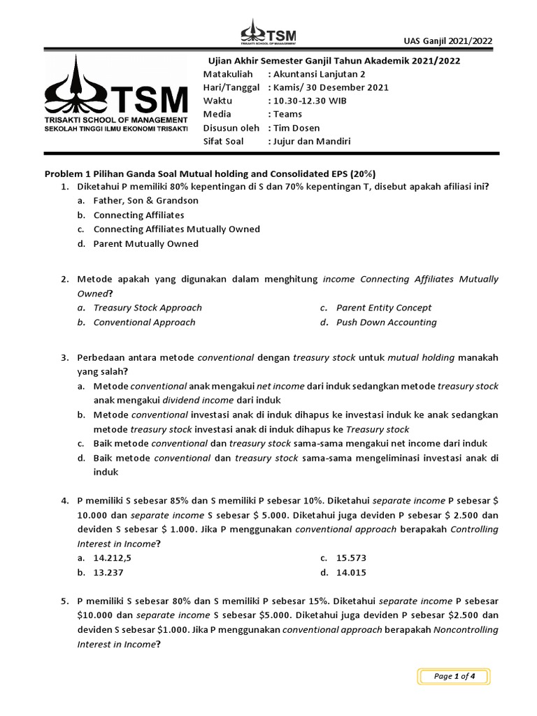 Soal UAS Akuntansi Lanjutan 2 Ganjil 2021.2022 | PDF