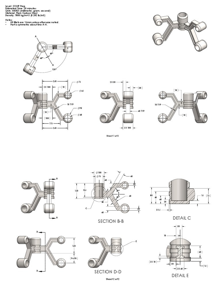 Multi-View Drawing of a Complex Carbon Steel Part with Dimensions and Tolerances for ...