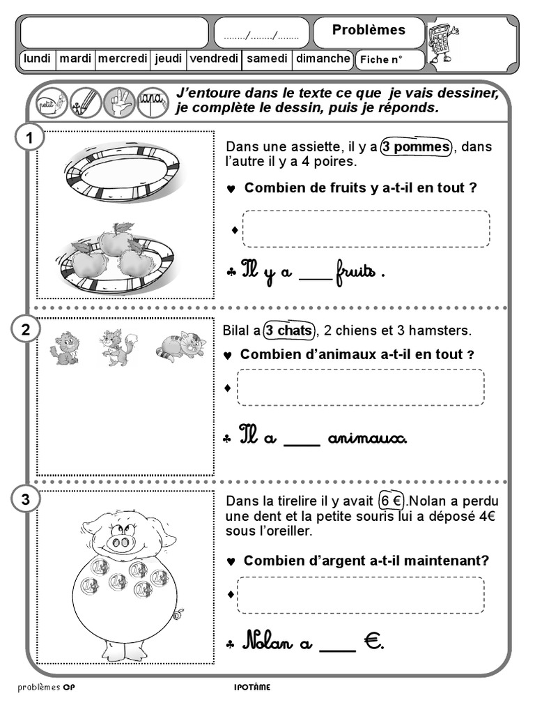 Problèmes 1 CP Fiche 2016 Ipotâme | PDF