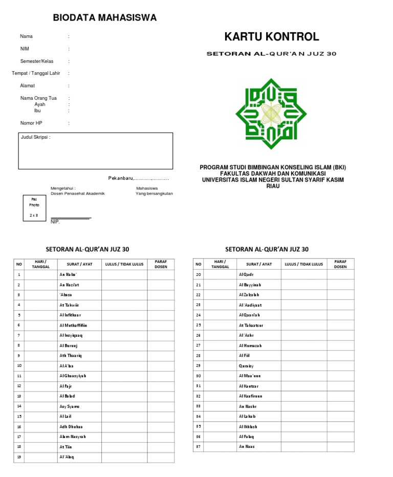 Kartu Setoran Surat Juz 30 | PDF