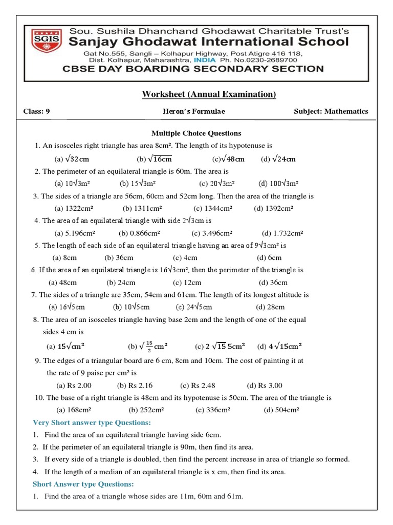 Class 9 (Heron's Formulae) | PDF | Triangle | Area
