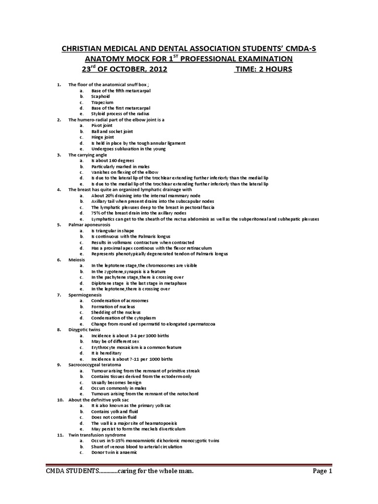 Cmda Anatomy Ist MB Mock | PDF | Coronary Circulation | Heart