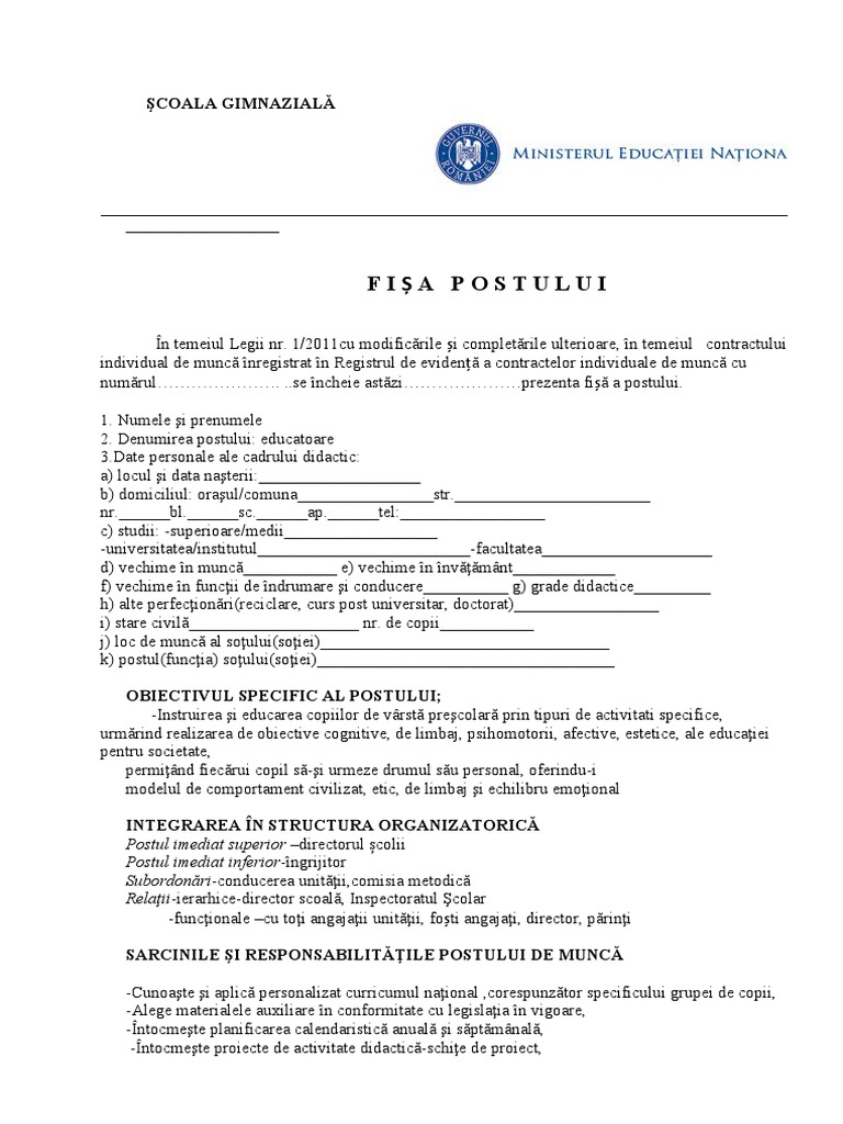 Fisa Post Educator | PDF