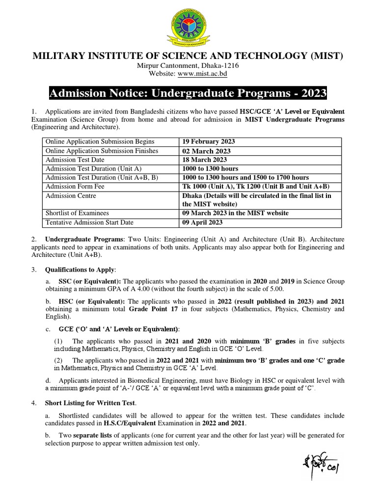 MIST Admission Notice-2023 | PDF | University And College Admission ...