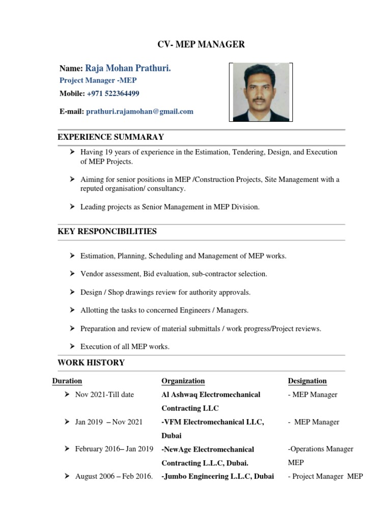 MEP Manager CV and Experience Summary | PDF | Engineering