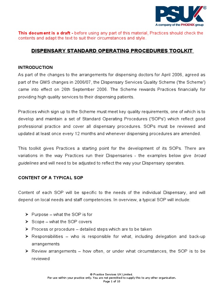 PSUK Dispensary SOPS Toolkit | PDF | Medical Prescription | Medical Treatments