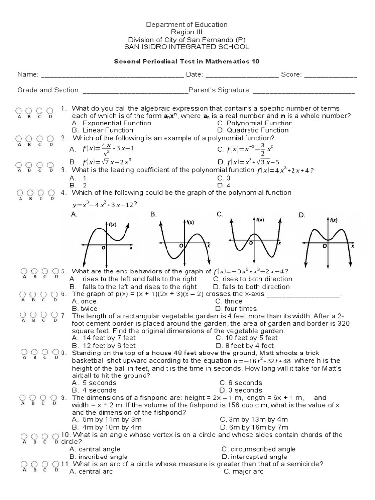 Second Periodical Test in Math 10 222 23 | PDF | Circle | Tangent