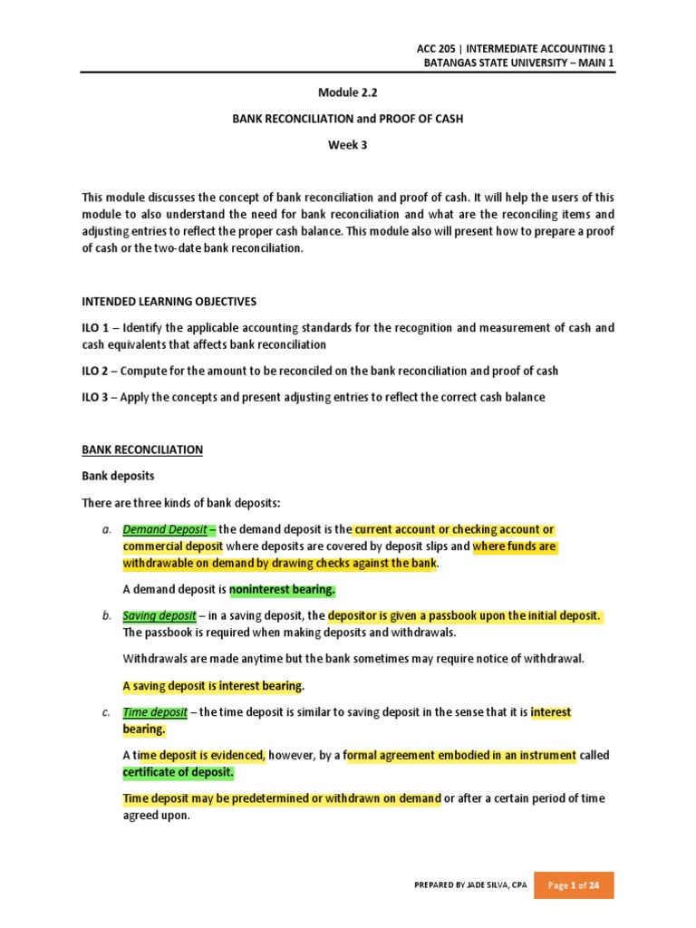 Module 2.2 - Bank Reconciliation and Proof of Cash | PDF | Deposit Account | Debits And Credits