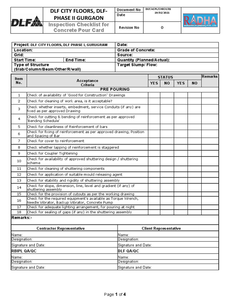 Concrete Pour Card Inspection Checklist | PDF | Concrete | Physical ...
