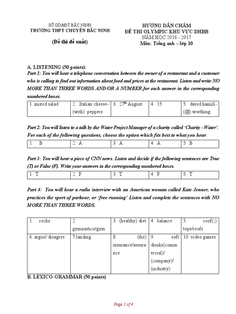 HƯỚNG DẪN CHẤM - ANH 10 | PDF