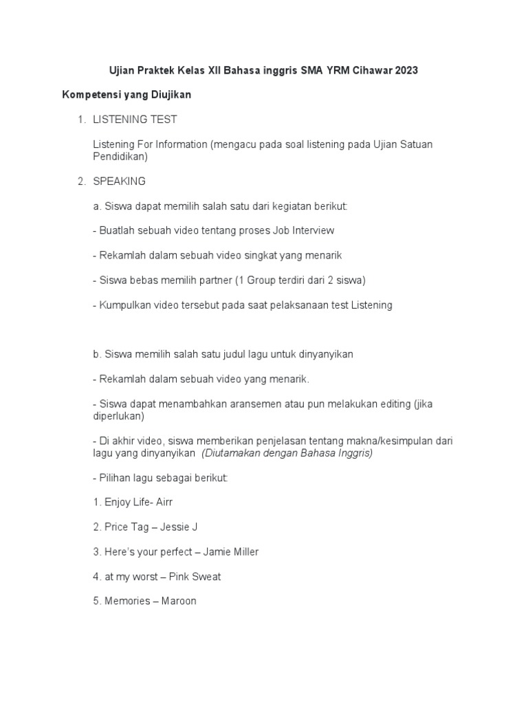 Ujian Praktek Kelas XII Bahasa Inggris SMA YRM Cihawar 2023 | PDF