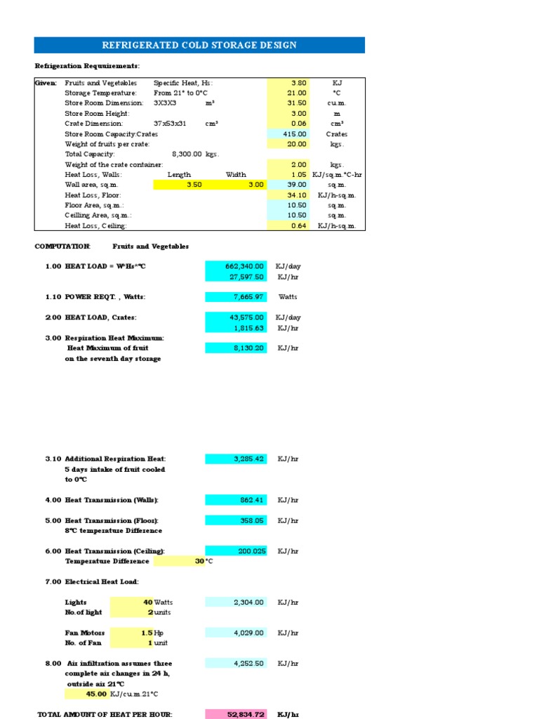 Cold Storage Design Calcs | PDF | Refrigeration | Heat