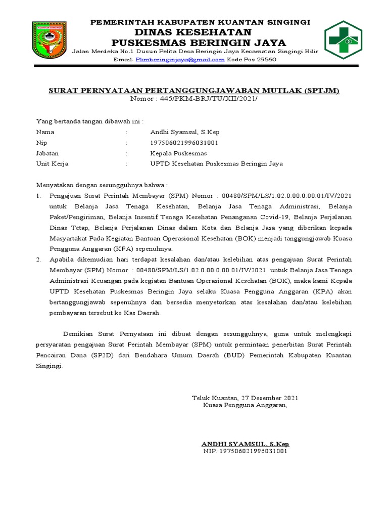 Contoh Surat Pernyataan Tanggungjawab Mutlak (SPTJM) | PDF
