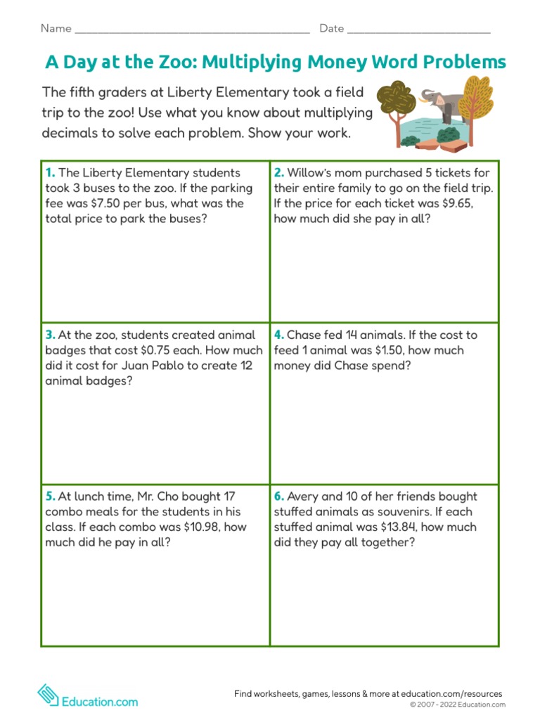 A Day at The Zoo Multiplying Money Word Problems | PDF