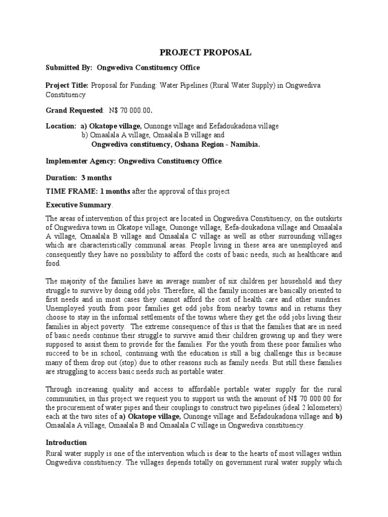 Project Proposal On Ongwediva Rural Water Supply | PDF | Water | Water ...